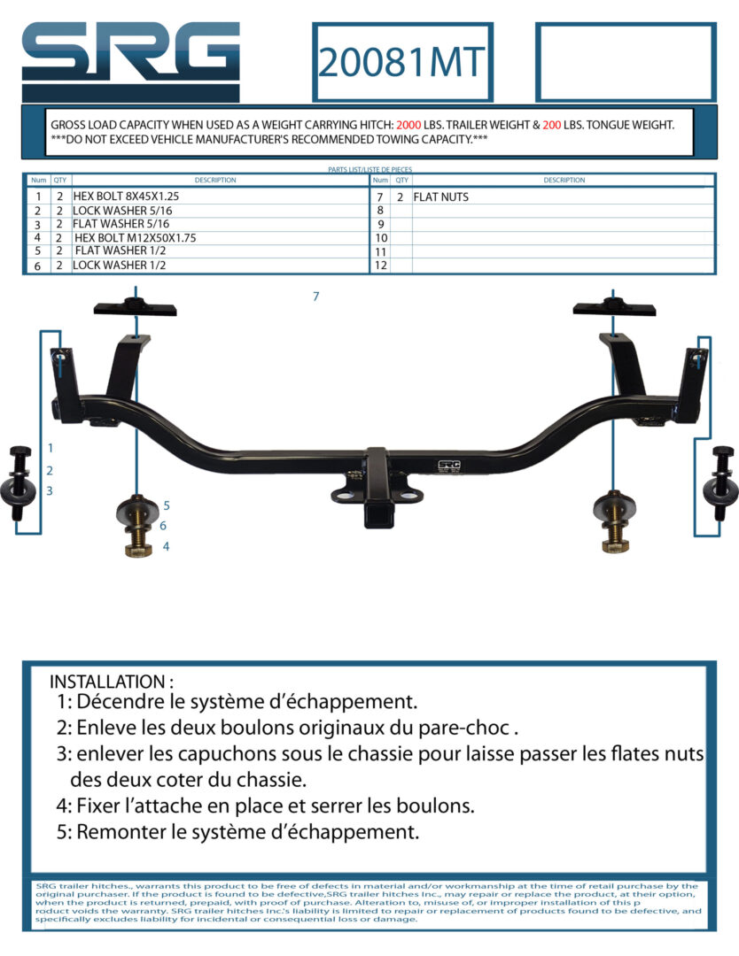 Attache-remorque SRG de Classe 1 20081MT - SRG Attache Remorque